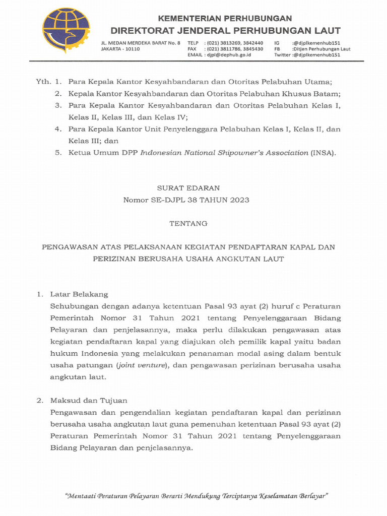 SE DIRJEN HUBLA 38 TAHUN 2023 - Pengawasan Atas Kegiatan Pendaftaran ...