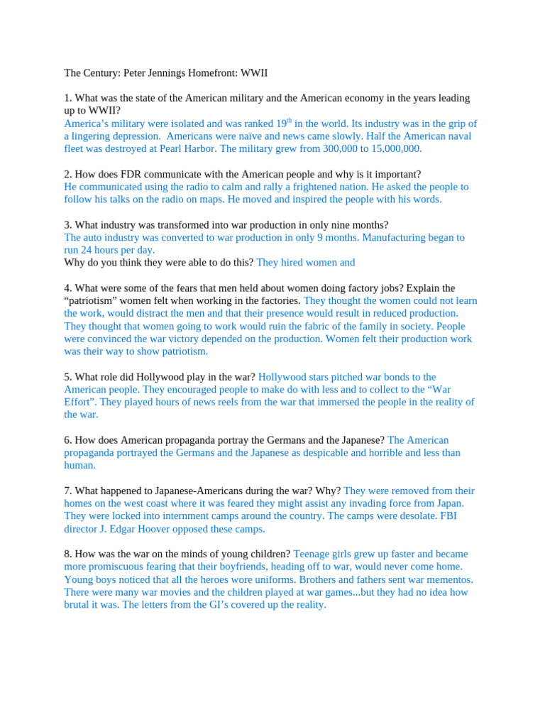 The Century Key Homefront 7 Answer Key | PDF