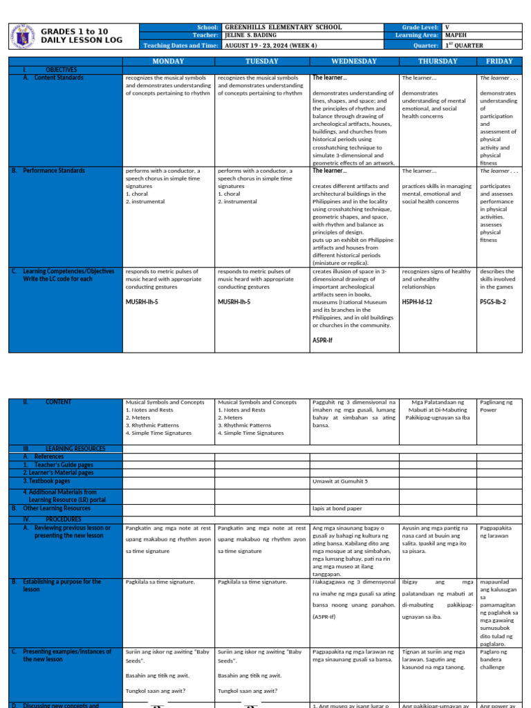 DLL - Mapeh 5 - Q1 - W4 | PDF