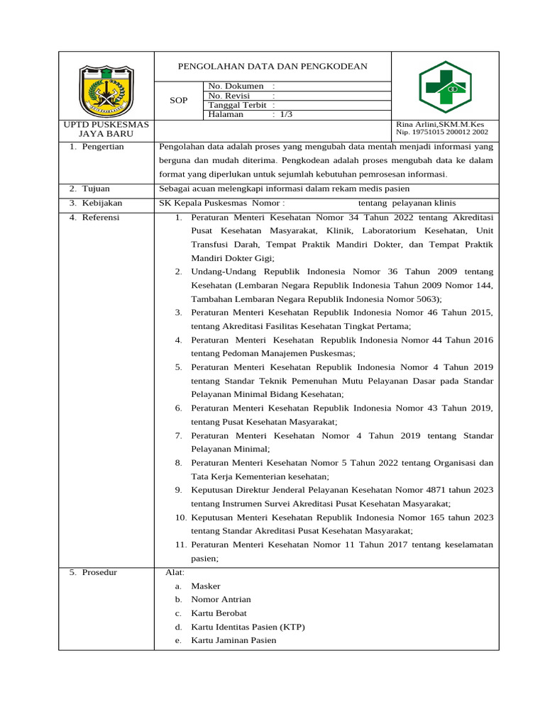 SOP Pengolahan Data Dan Pengkodean | PDF