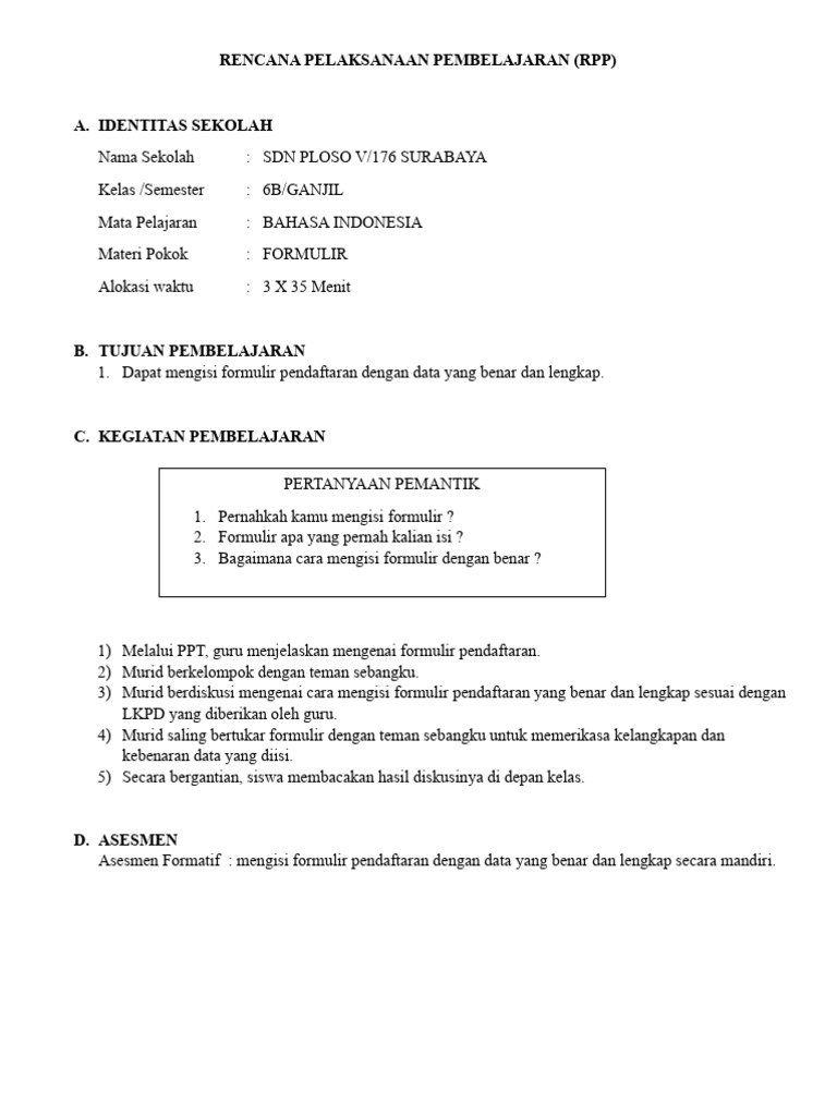 RPP Formulir Bu Mia | PDF