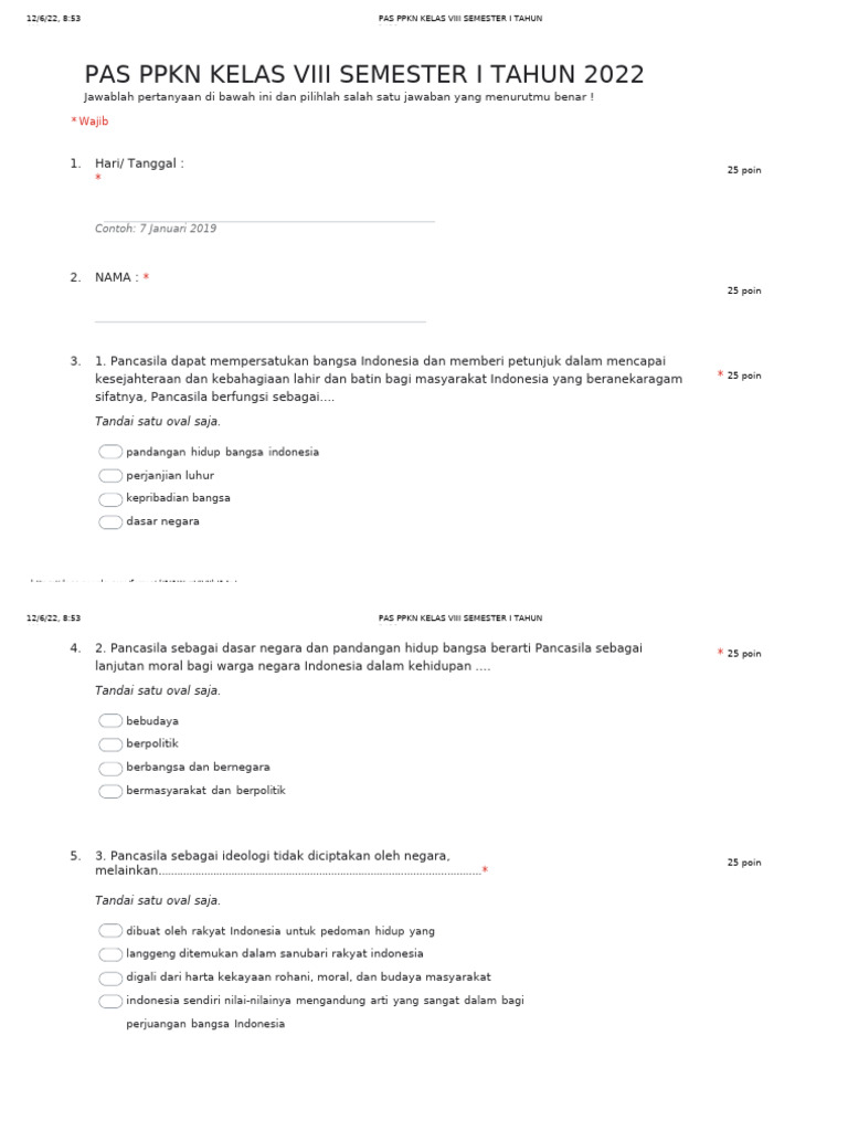 PAS PPKN VIII - Google Formulir | PDF