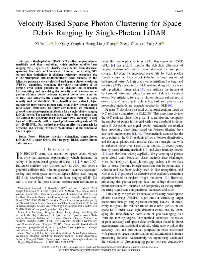Velocity-Based Sparse Photon Clustering For Space Debris Ranging by ... Velocity-Based Sparse Photon Clustering For Space Debris Ranging by ...