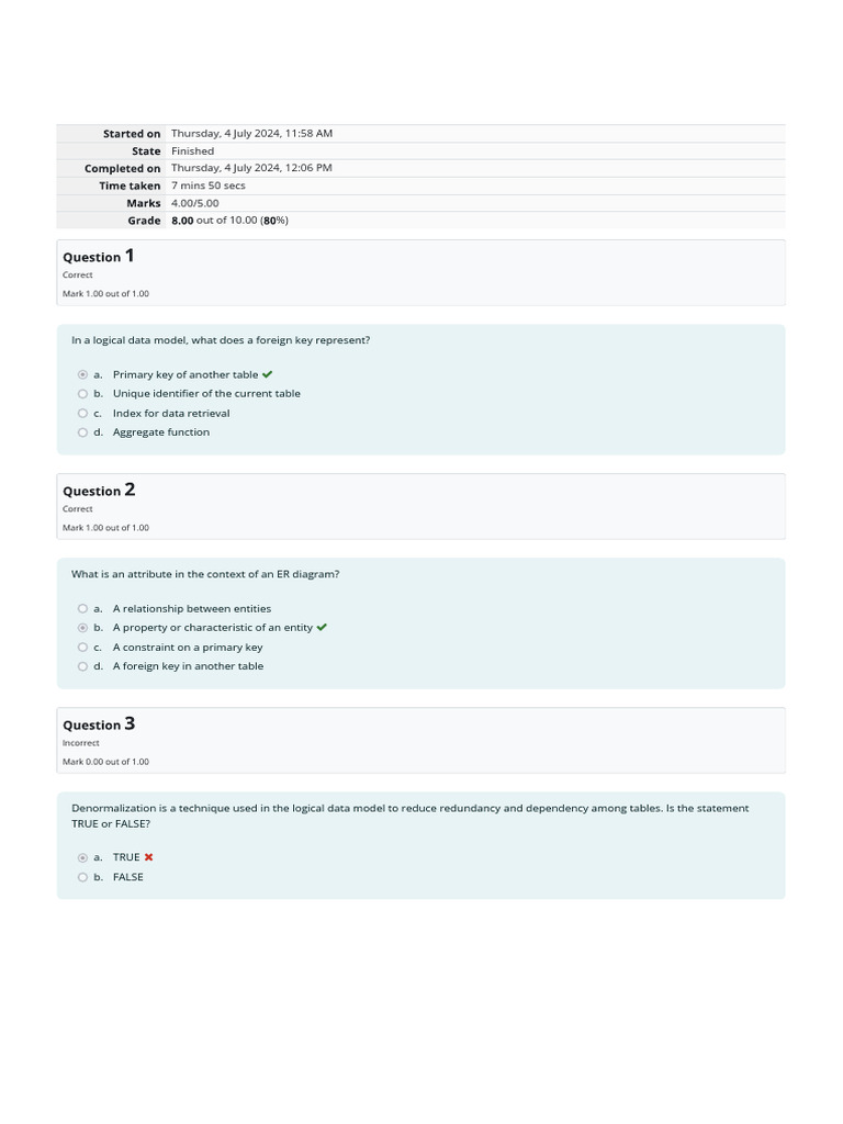 UOPEOPLE Database I - Self-Quiz Unit 2 - Attempt Review - Home | PDF