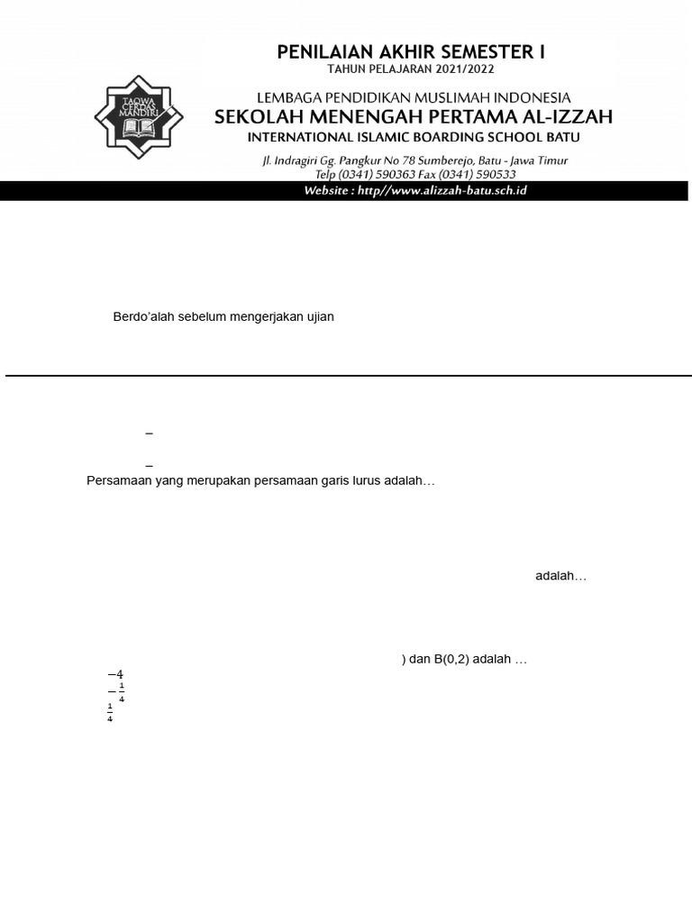 PAS MATEMATIKA 8 GANJIL 2021-2022 Fix | PDF