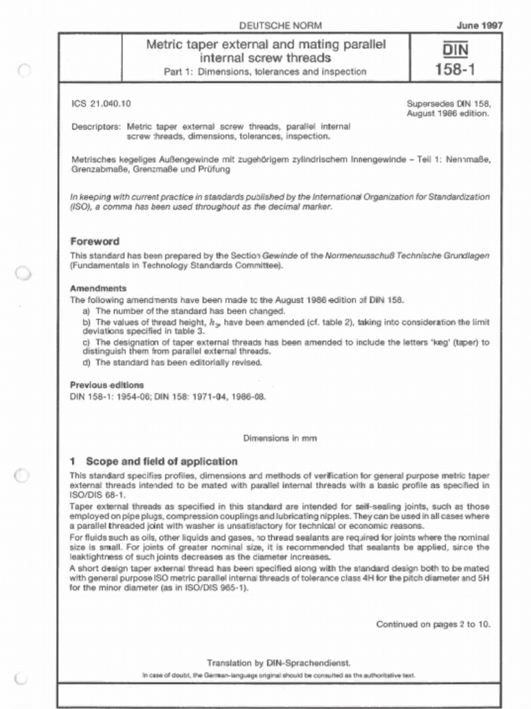 DIN 158-1 1997 Taper Thread | PDF