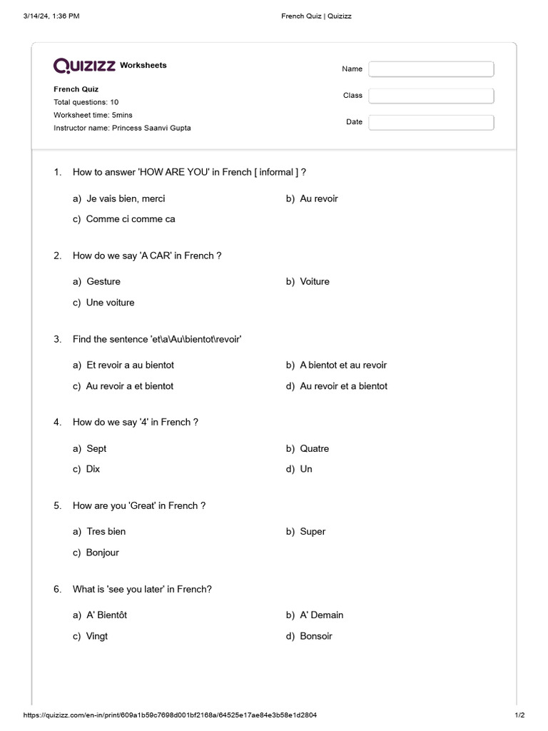 Class 5 Work Sheet French 16 | PDF