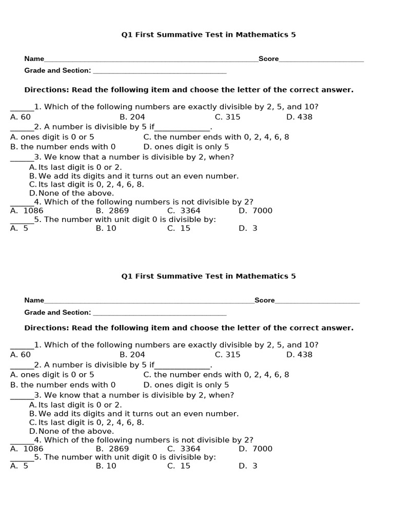Q1 First Summative Test in Mathematics 5 | PDF
