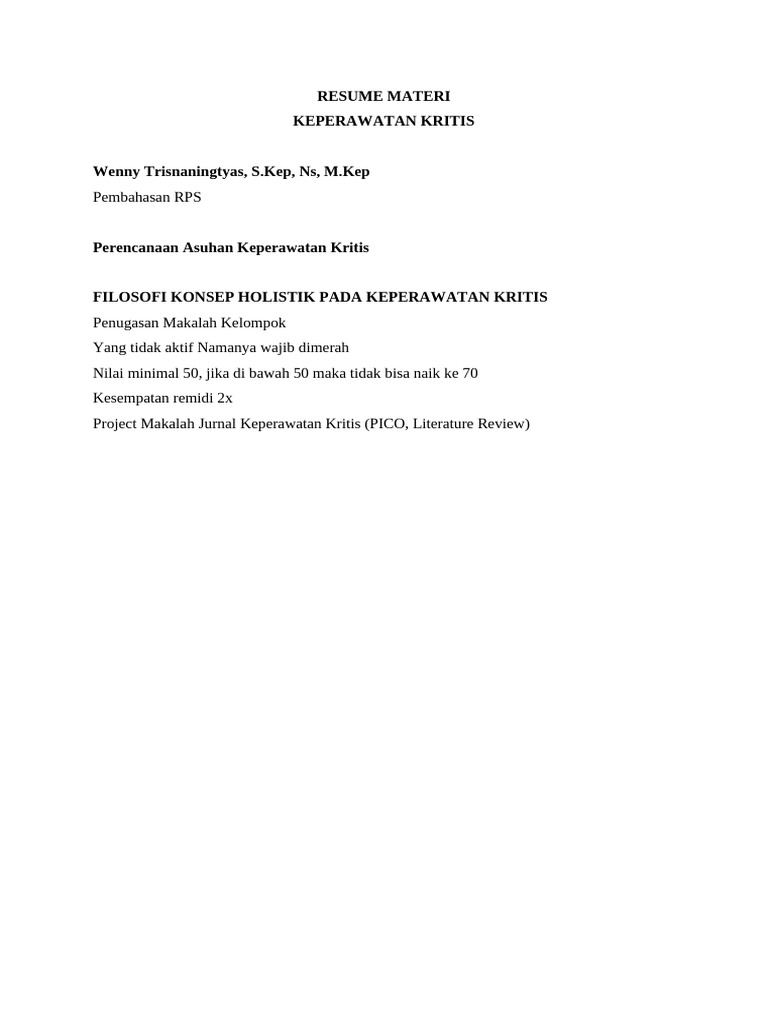 Pembahasan RPS: Resume Materi Keperawatan Kritis | PDF