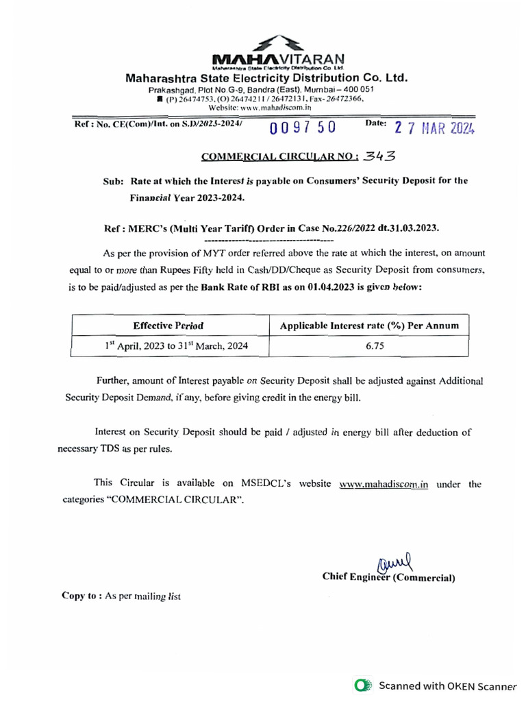 Commercial Circular 343 Rate at Which Interest Is Payable On Security ...