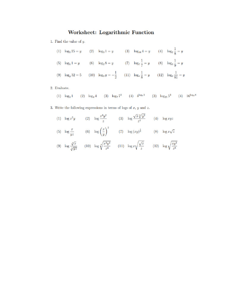 Logarithmic Function Worksheet | PDF