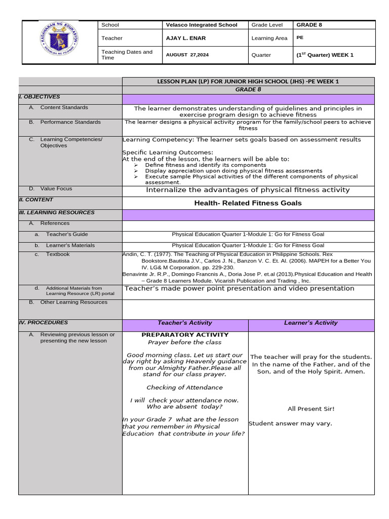 Internalize The Advantages of Physical Fitness Activity: Lesson Plan (LP) For Junior High School ...