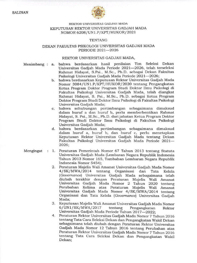 SK Rektor Tentang Pengangkatan Dekan Periode 2021-2026 | PDF