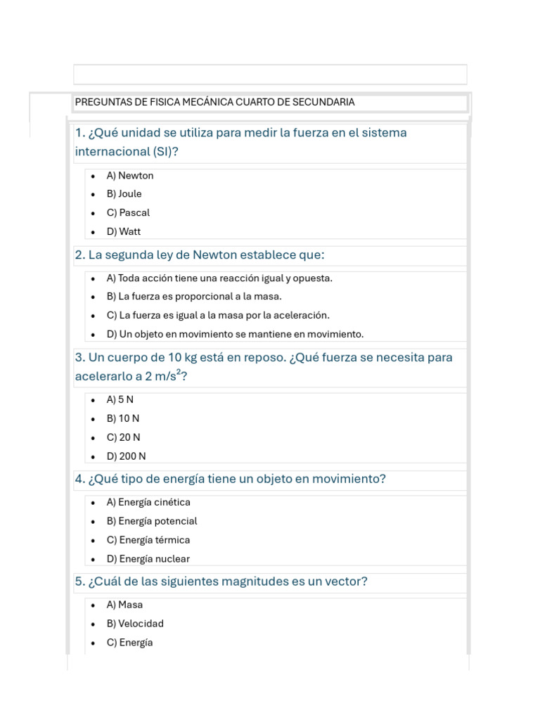 Preguntas de Física Olimpiadas Científicas 2024 Cuarto Se Secundaria | PDF | Masa | Fuerza