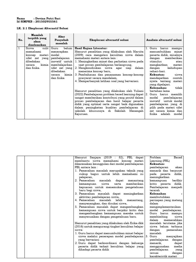 Revisi LK. 2.1 Eksplorasi Alternatif Solusi - Devina Putri Sari | PDF