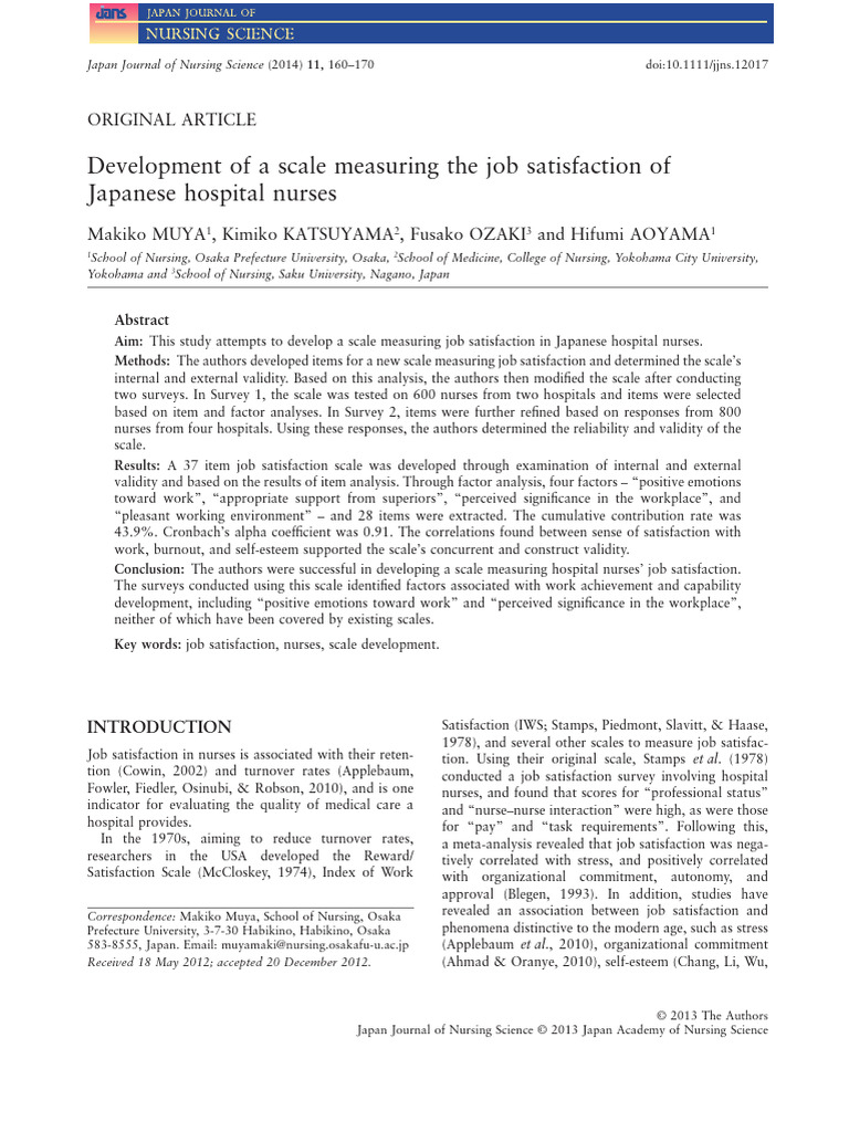 Japan Journal Nursing Sci - 2013 - Muya - Development of A Scale Measuring The Job Satisfaction ...