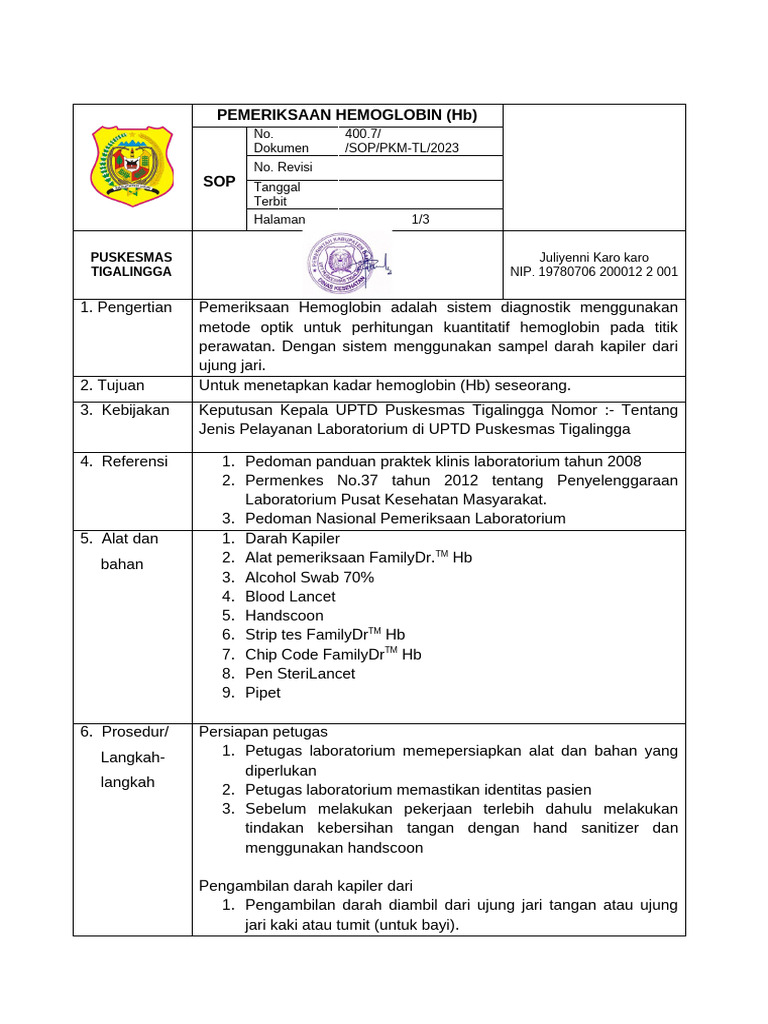 1 3.9.1.c (21) SOP PEMERIKSAAN HEMOGLOBIN (HB) | PDF