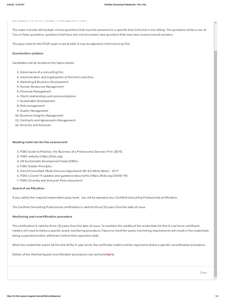 Certified Consulting Professional - FCL Fidic- GUIDE TO CERTIFY (FCCP) | PDF