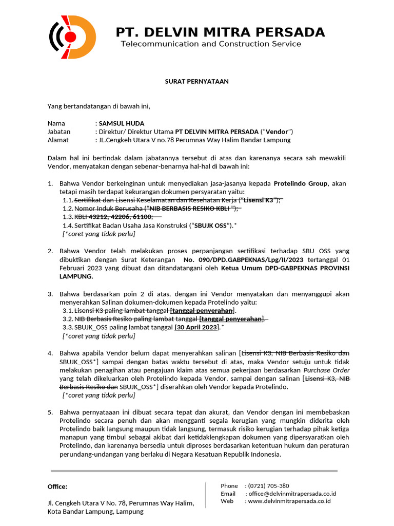 Surat Pernyataan Kekurangan Dokumen Vendor | PDF