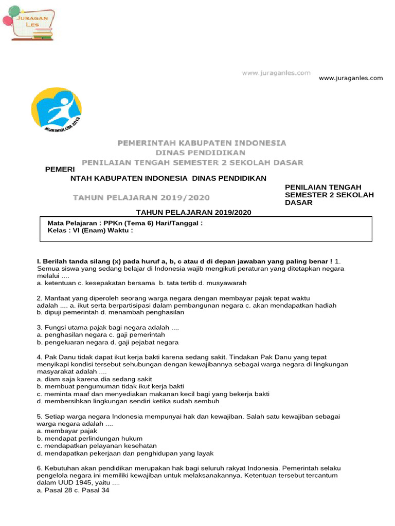Soal Tematik Kelas 6 Tema 6 Mapel PPKN | PDF