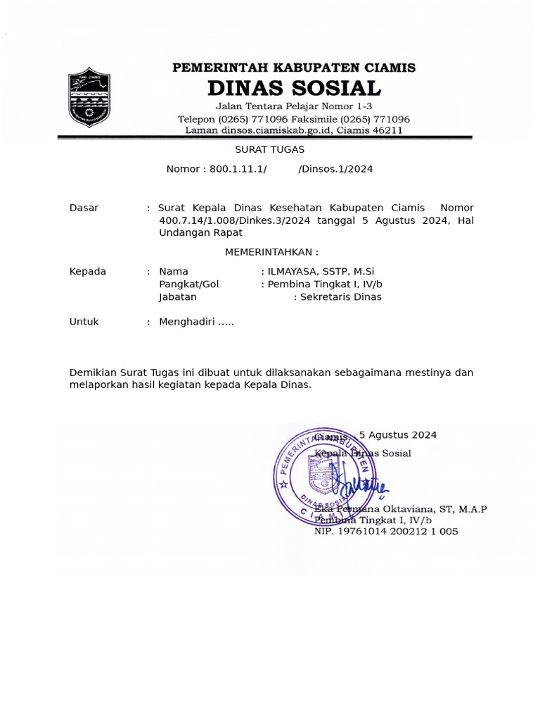 Surat Tugas Dinas Sosial EDIT | PDF