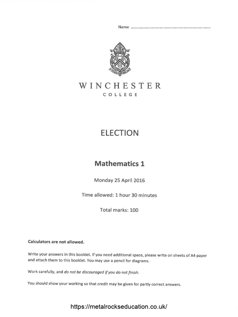 Winchester College 2016 Maths 1 Election Exam | PDF