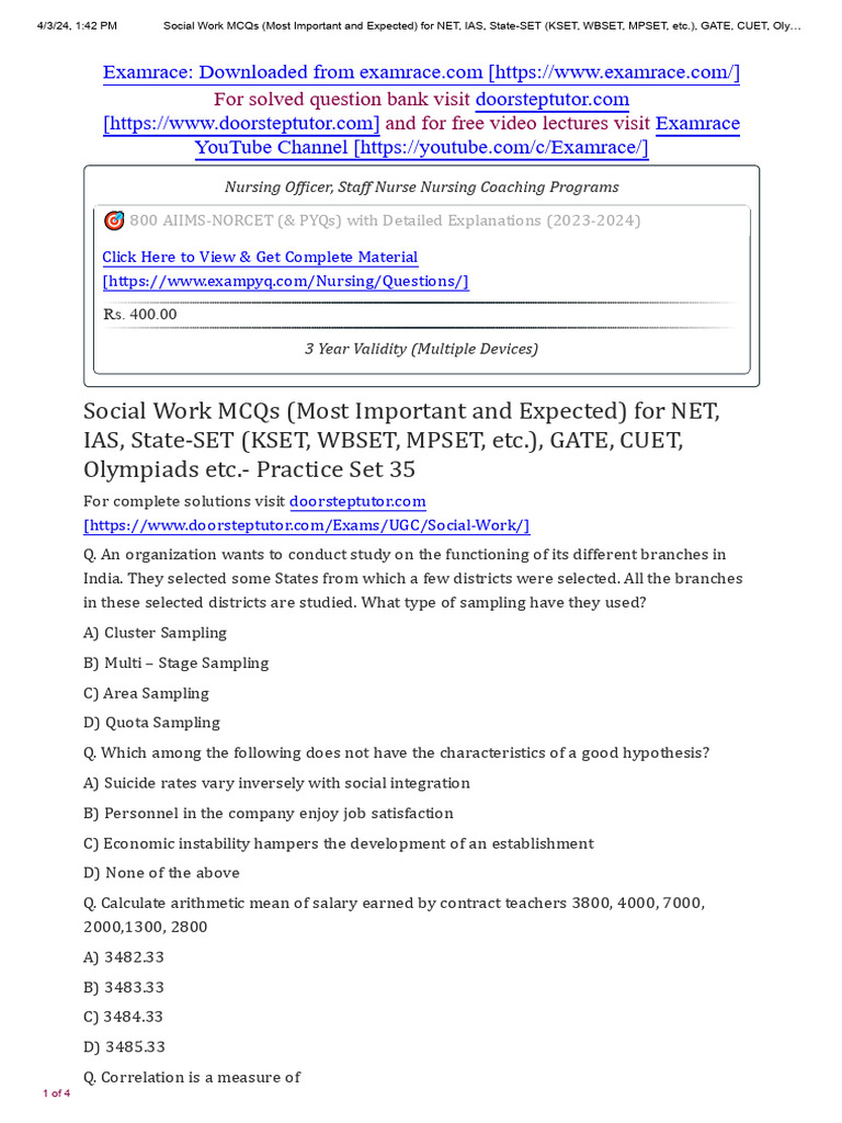 Social Work MCQs For Practice Set 35 | PDF