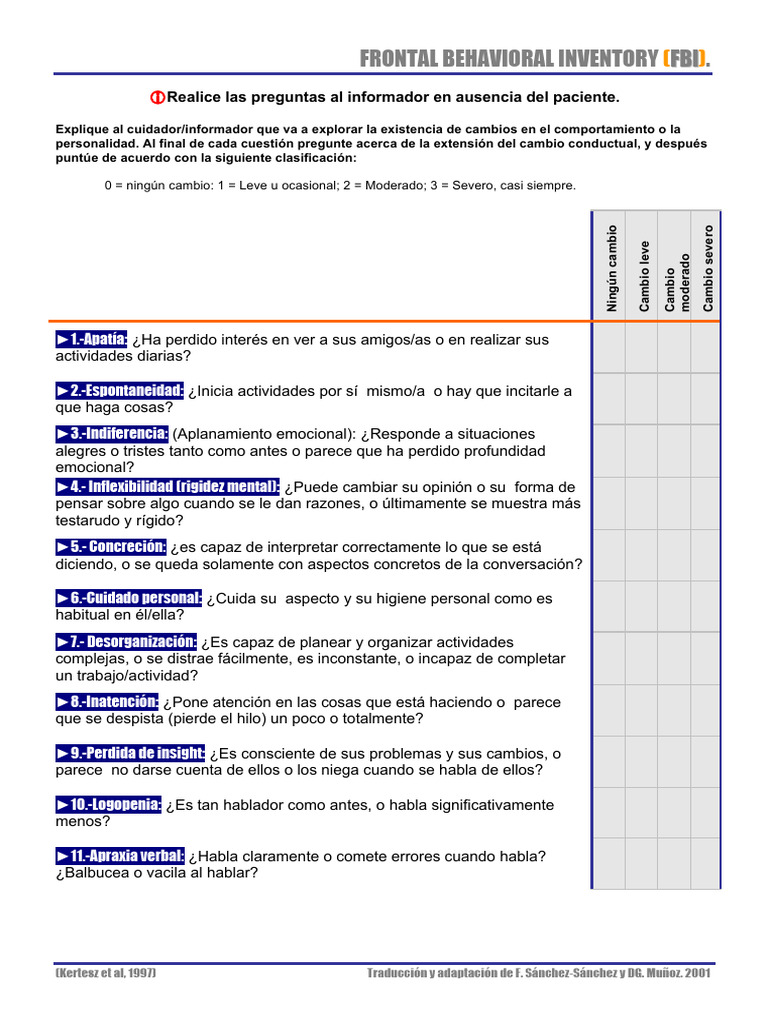 Frontal Behavioral Inventory FBI FBI .: Realice Las Preguntas Al ...