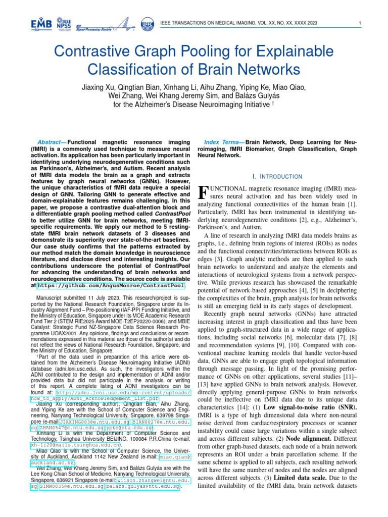 Contrastive Graph Pooling For Explainable Classification of Brain Networks | PDF
