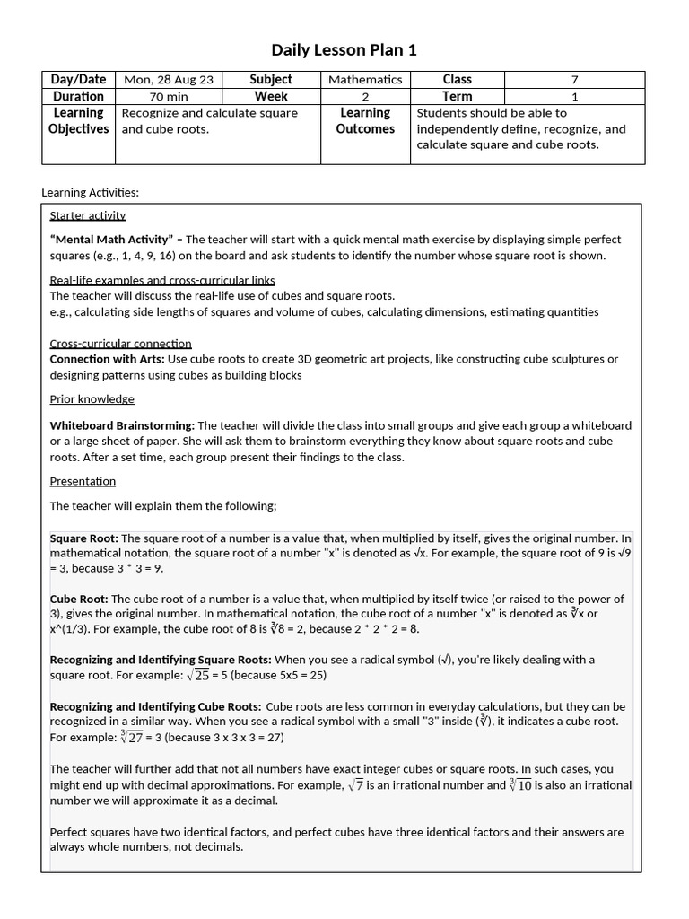 Daily Lesson Plan Mathematics Grade 7 | PDF