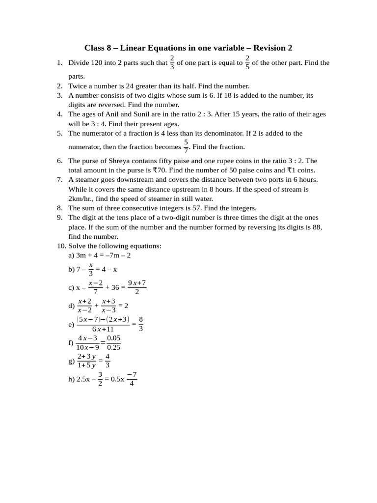 Class 8 - Linear equations in one variable - Revision 2 | PDF