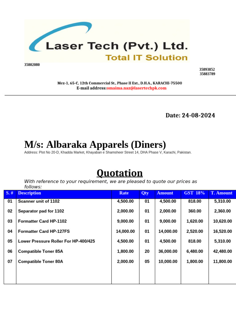 GST Quotation for Albaraka Apparels | PDF | Payments | Technology ...