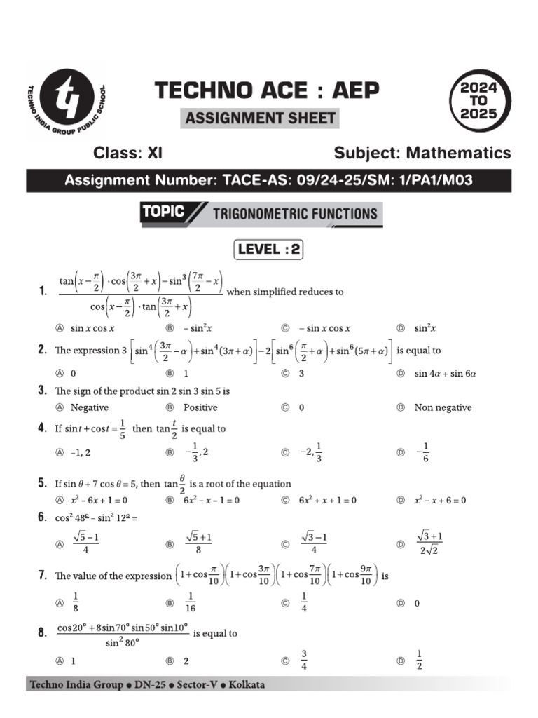 Chapter 03 Trigonometric (Ass - L 2) XI (Math) | PDF