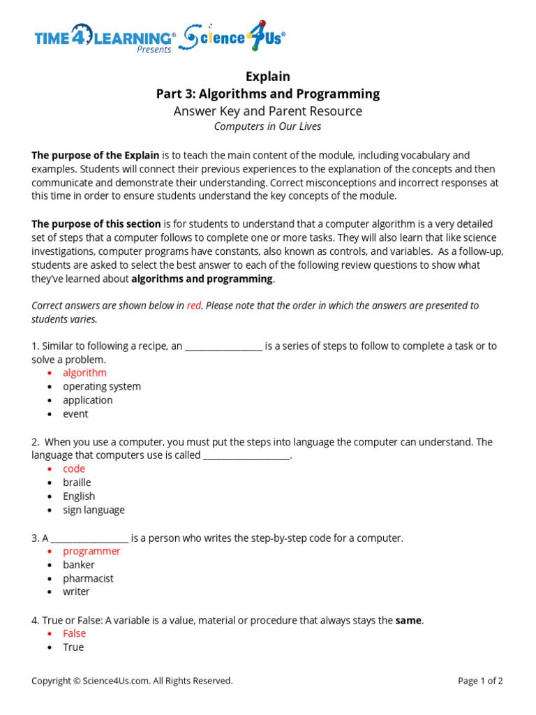 Computers in Our Lives Explain PT 3 Algorithms and Programming Answer ...