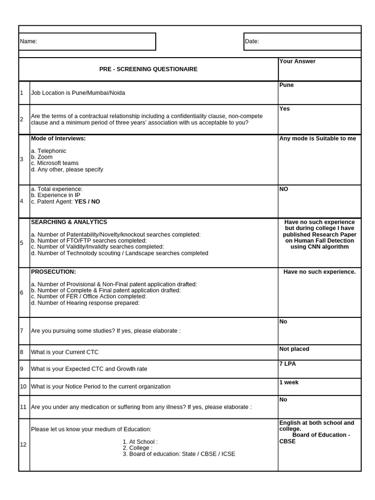 Pre-Screening Form - Patents | PDF
