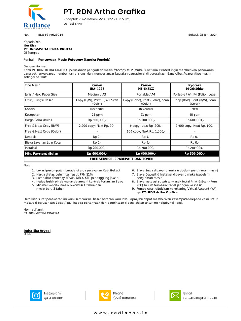 BKS-P240625016 - Penawaran PT. INOVASI TALENTA DIGITAL | PDF
