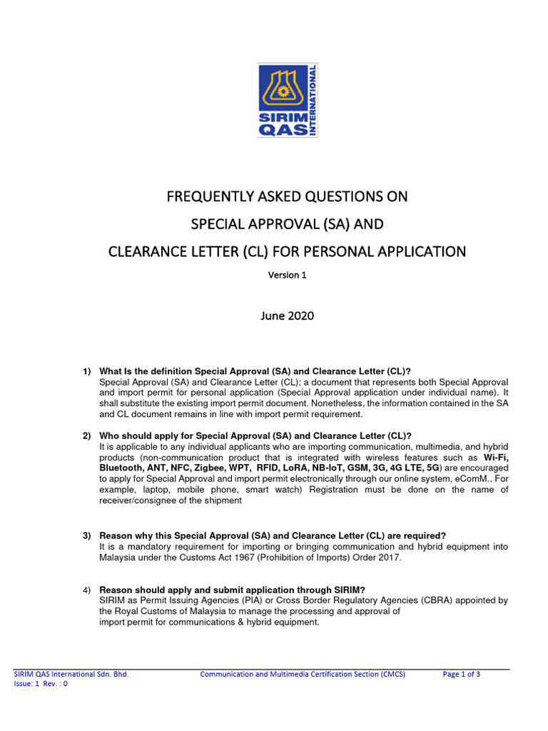FAQ On Special Approval Clearance Letter | PDF