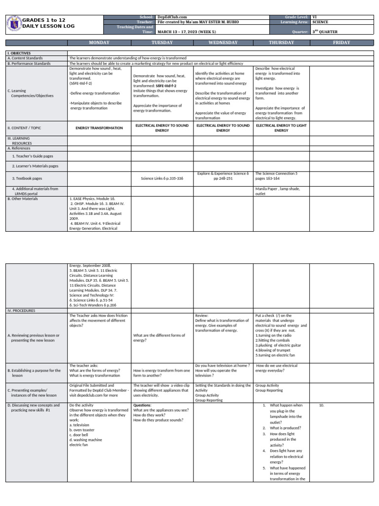 DLL - Science 6 - Q3 - W5 | PDF | Differentiated Instruction | Home Appliance