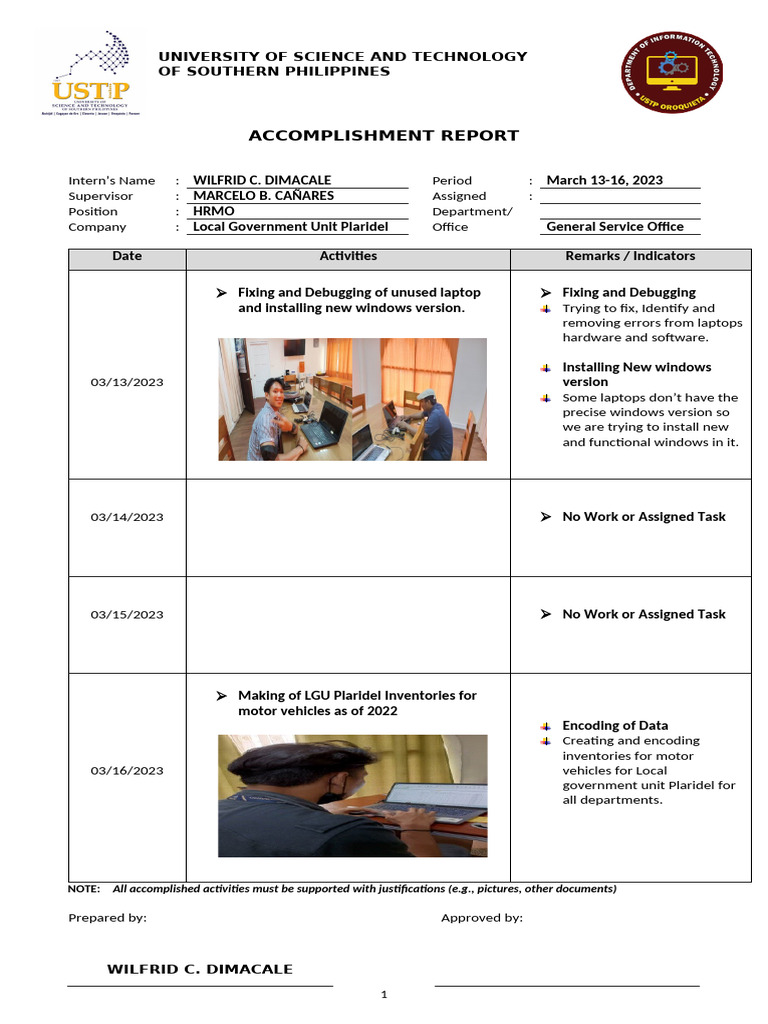 IT421 PRACTICUM 486 Hours Internship Accomplishment Report Wilfrid | PDF