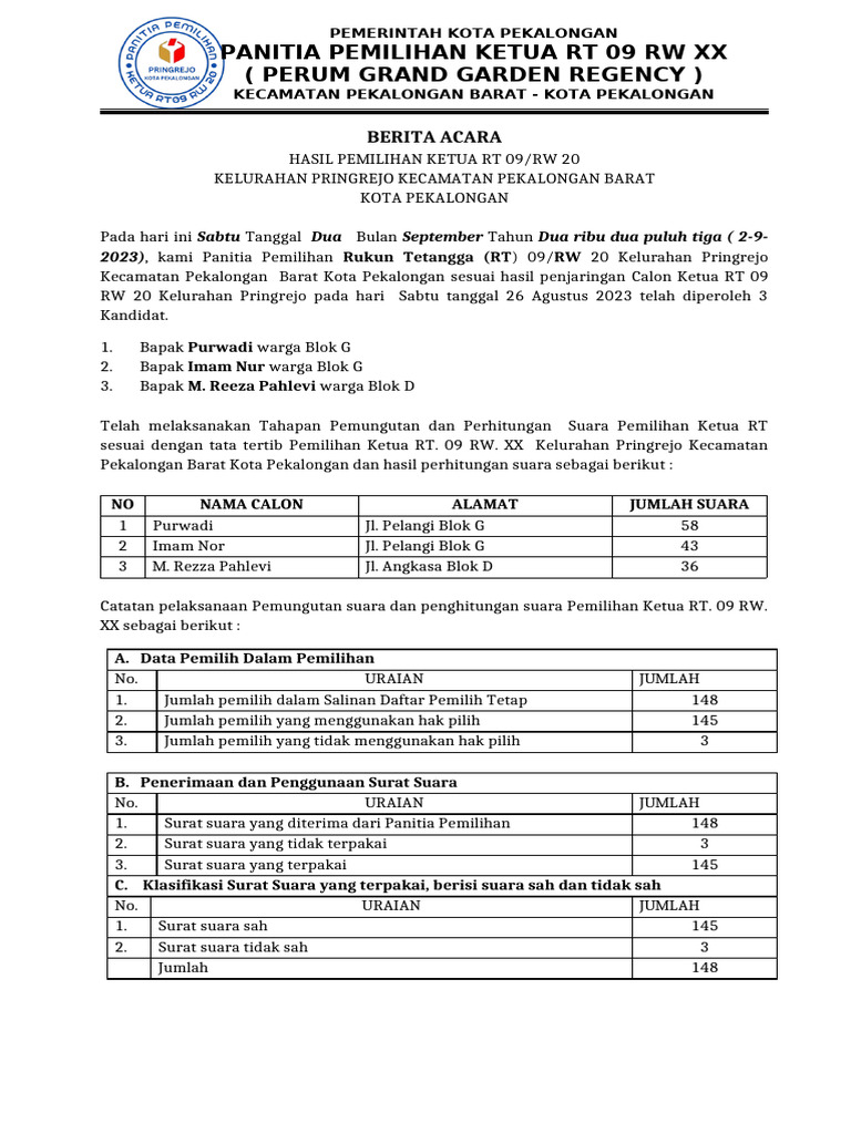 Berita Acara Pemilihan Ketua RT 09 | PDF