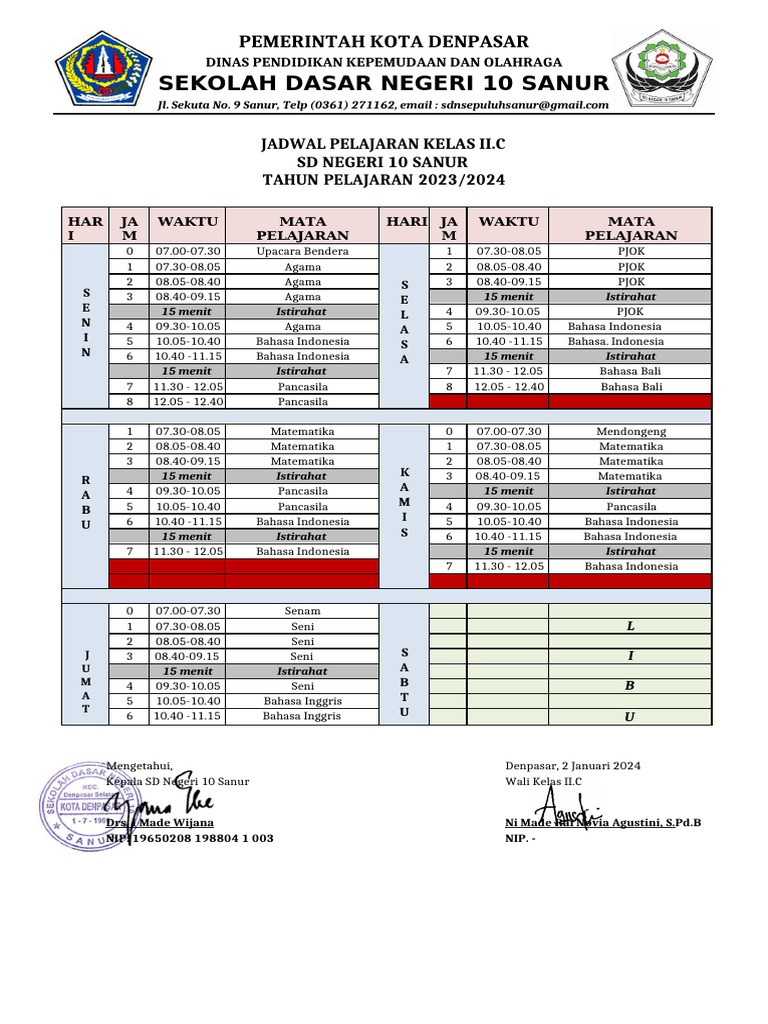 Jadwal Pelajaran 2C Full Day | PDF