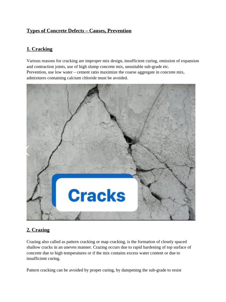 Types of Concrete Defects Causes, Prevention | PDF