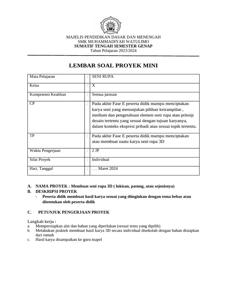Proyek Mini Seni Rupa 3D Kelas X | PDF