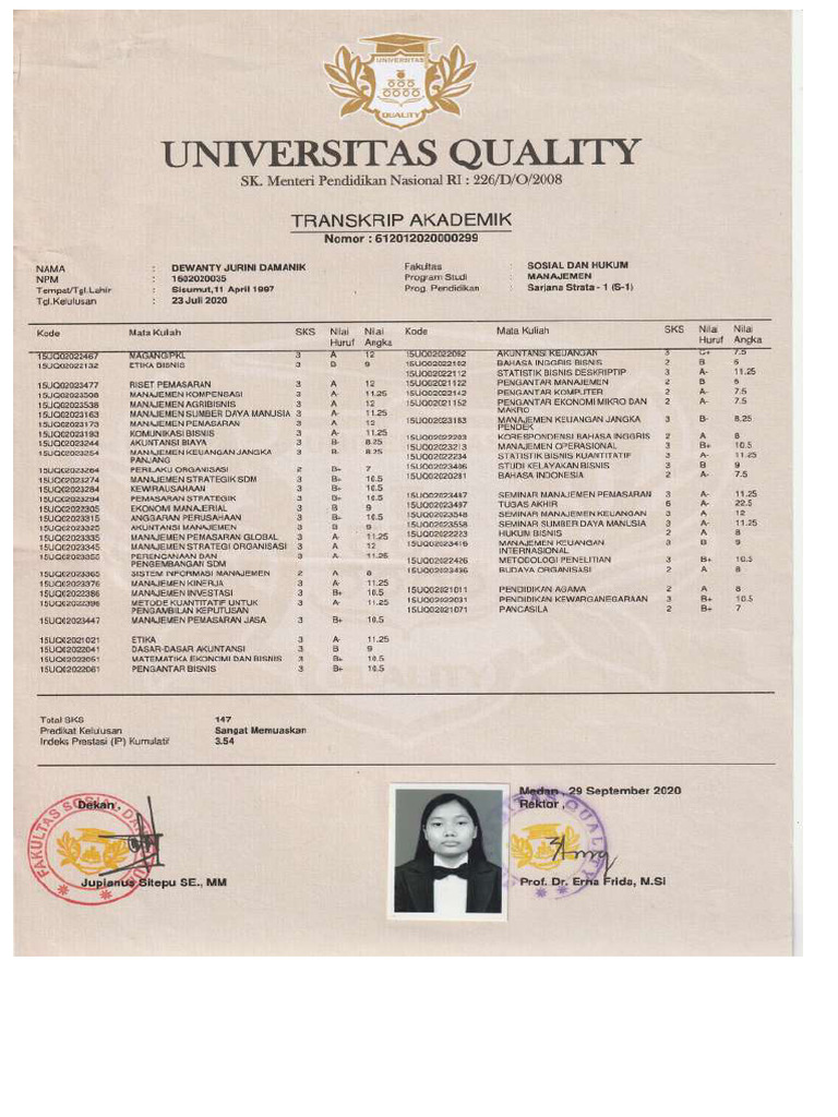 Transkrip Akademik Jurini | PDF