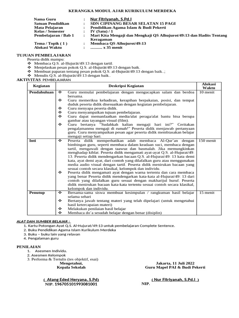 FITRI - Kur. Merdeka Kerangka ModuL Ajar SMT 1 Kls 4 SD PAI 1 LEMBAR | PDF