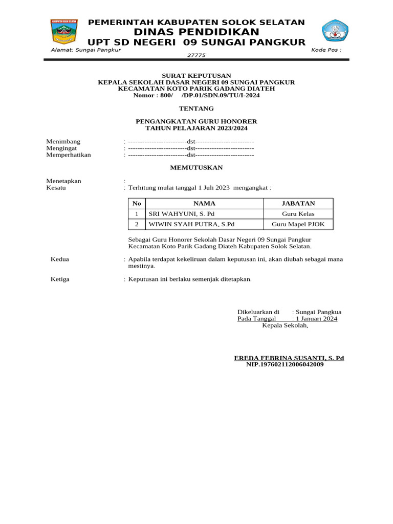 SK PSB 20172018 & SK Pengangkatan Guru & Tenaga Honorer Bos | PDF