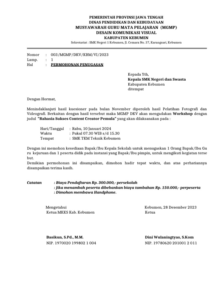 Surat Undangan Workshop Content Creator | PDF