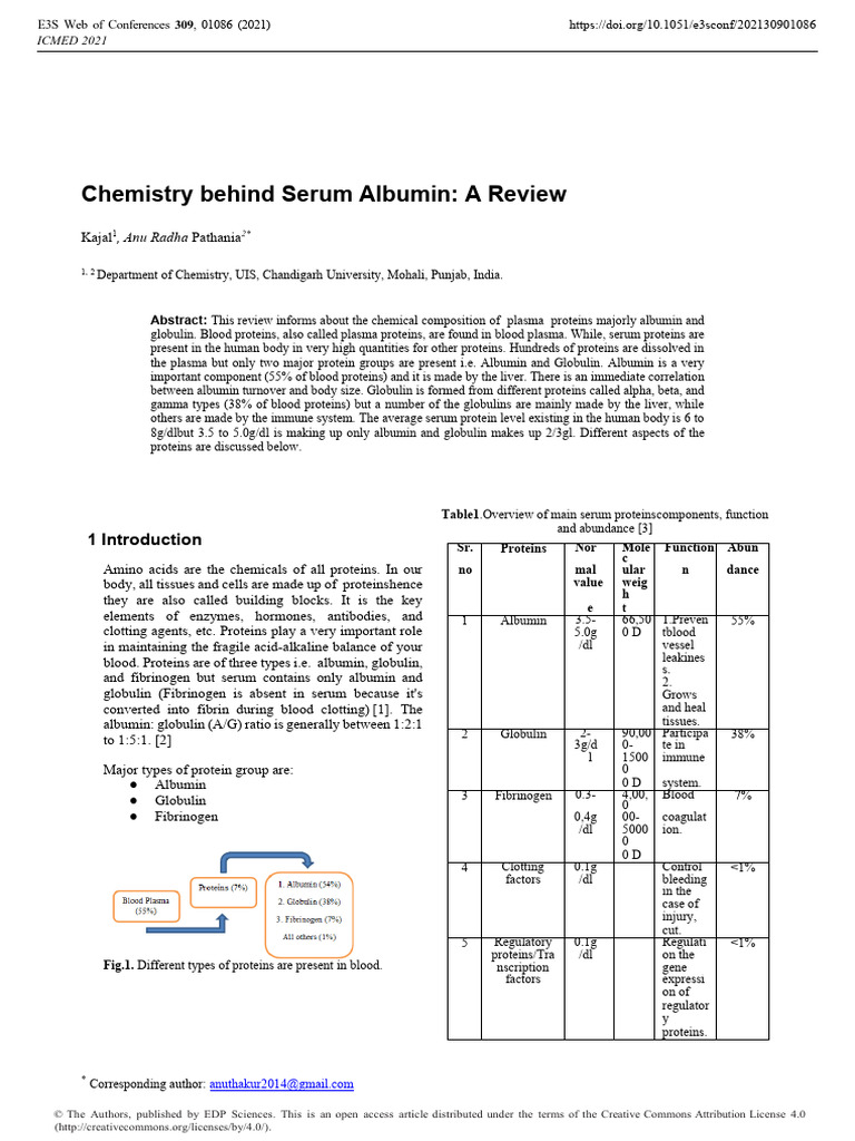 Chemistry Behind Serum Albumin: A Review:, Anu Radha Pathania | PDF