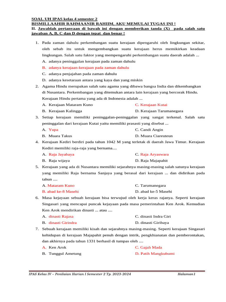 SOAL PH 1 Semester 2 IPAS Kelas 4 | PDF