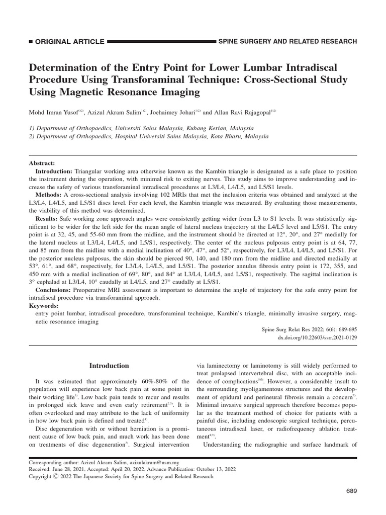 Determination of The Entry Point For Lower Lumbar Intradiscal Procedure ...